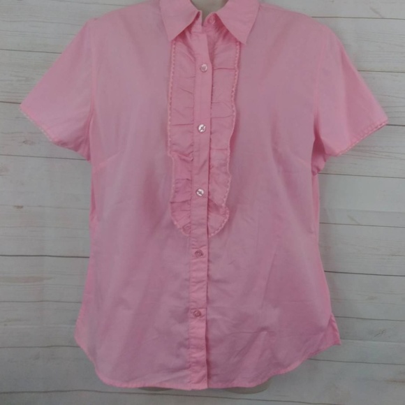 1411 | Tops | 411 Pastel Pink Ruffle Shirt Button Up Short Sleeve Lg ...